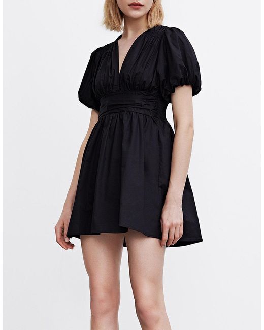 Urban Revivo Cotton Puff Sleeve V Neck Skater Dress In Black Lyst