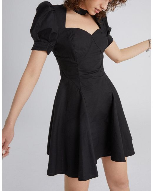 Urban Revivo Cotton Puff Sleeve V Neck A Line Dress In Black Lyst