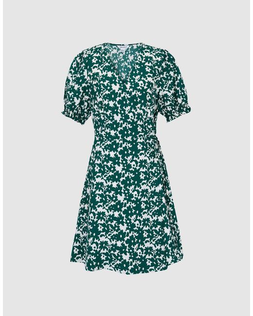 Urban Revivo Synthetic Floral Print Puff Sleeve Wrap Dress In Green