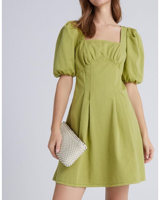 Urban Revivo Puff Sleeve Square Neck Denim Dress In Green Lyst