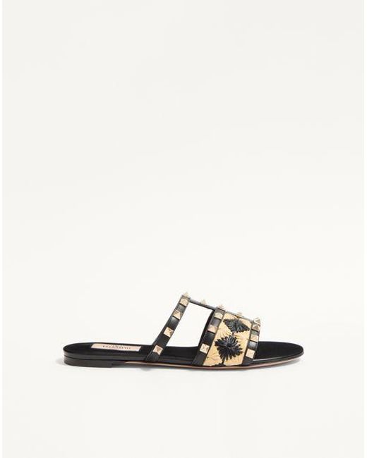 Valentino Garavani Rockstud Slide Sandal With Raffia Check Embroidery ...