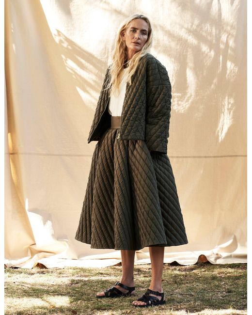 Varana Linen Roma Quilted Skirt With Rasai Pleating in Dark Olive ...
