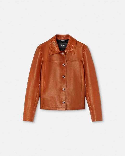 Versace Barocco Leather Boxy Blouson Jacket in Orange | Lyst