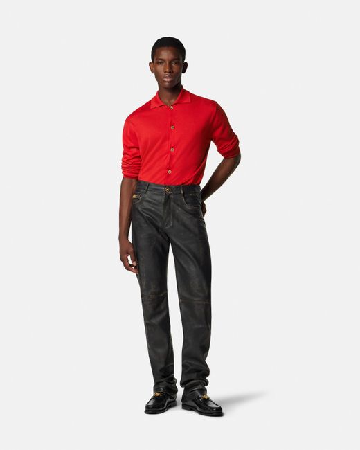 Versace Silk-Blend Knit Polo Cardigan in Red for Men | Lyst UK