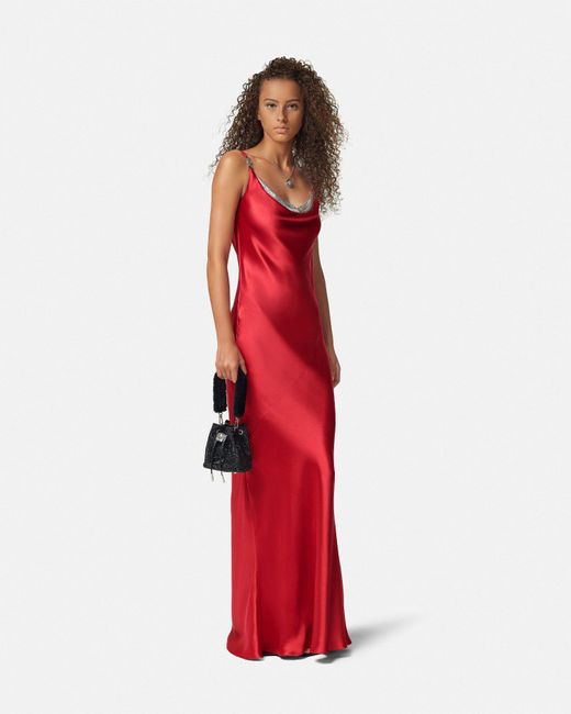 Versace Metal Mesh Slip Satin Gown in Red | Lyst