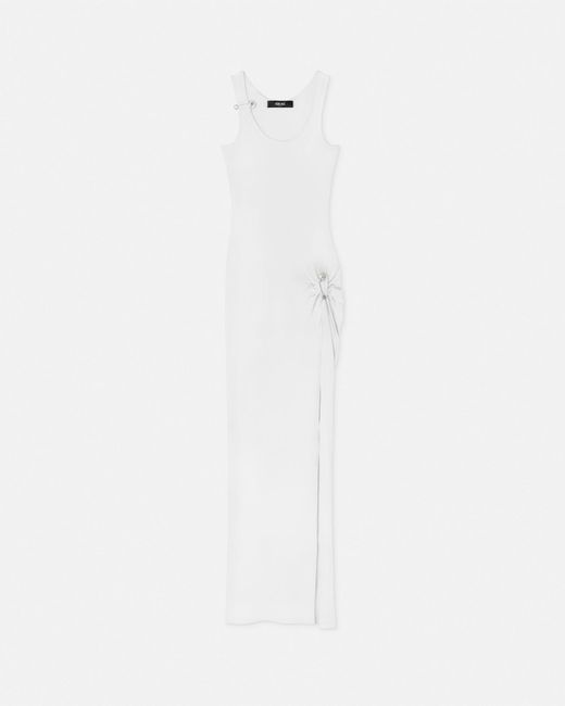 Versace Safety Pin Ribbed Knit Draped Gown in White | Lyst