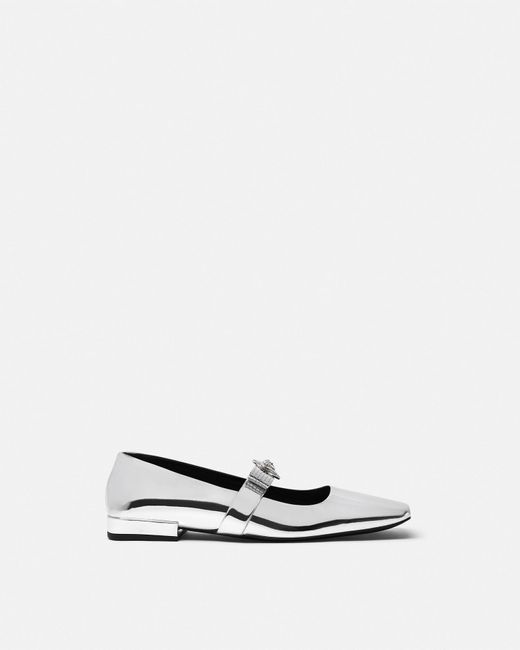 Versace Gianni Ribbon Metallic Ballerinas in White | Lyst