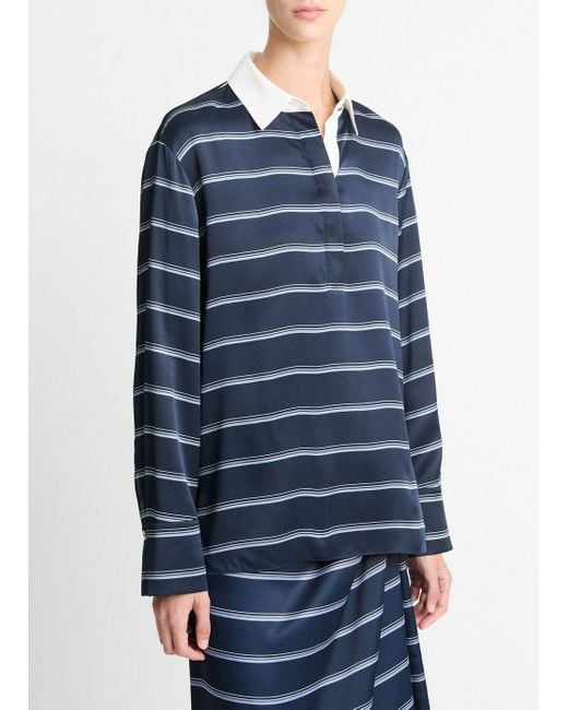 Vince Rugby Stripe Silk Satin Shirt in Blue | Lyst