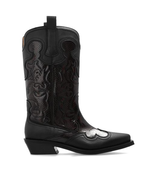 Ganni Cowboy Boots With Stitching in Black | Lyst