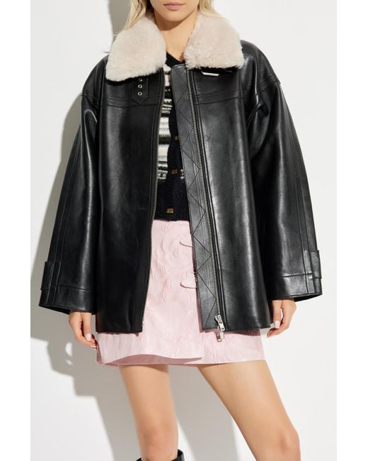 Stand Studio Oversized Fur-Collar Leather Biker Jacket in Black | Lyst
