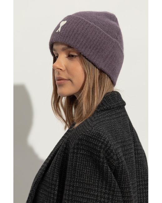 Ami Paris Logo Patch Beanie Cap in Purple | Lyst UK