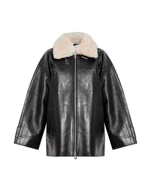 Stand Studio Oversized Fur-Collar Leather Biker Jacket in Black | Lyst