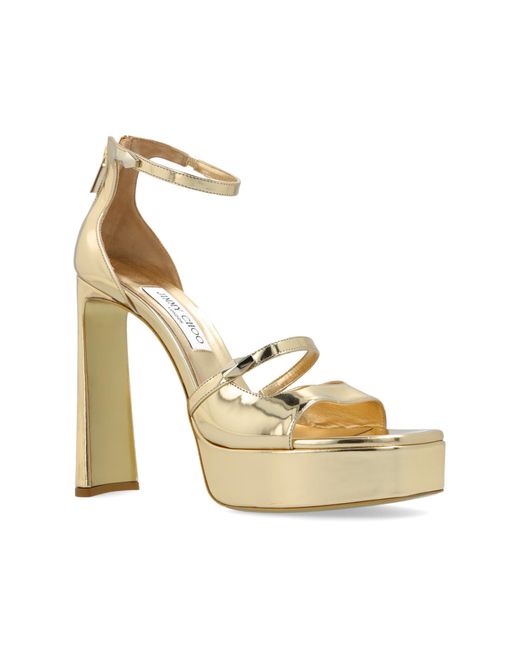 Jimmy Choo Gold Patent Leather Platform Ankle-Strap Sandals in Natural ...