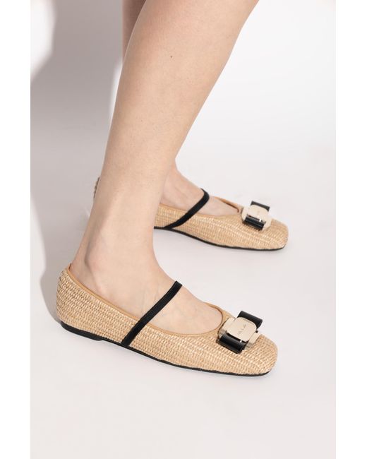Ferragamo Ballet Flats With A Bow in Natural | Lyst