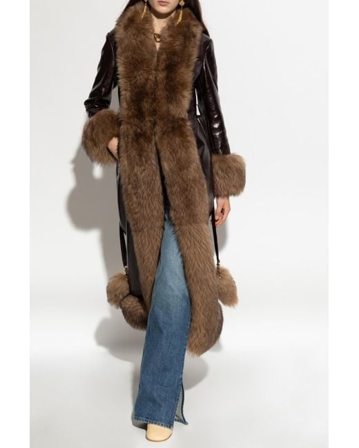 Chloé Leather Coat With Fur in Brown | Lyst UK