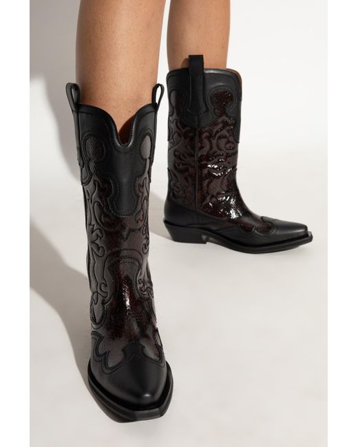 Ganni Cowboy Boots With Stitching in Black | Lyst