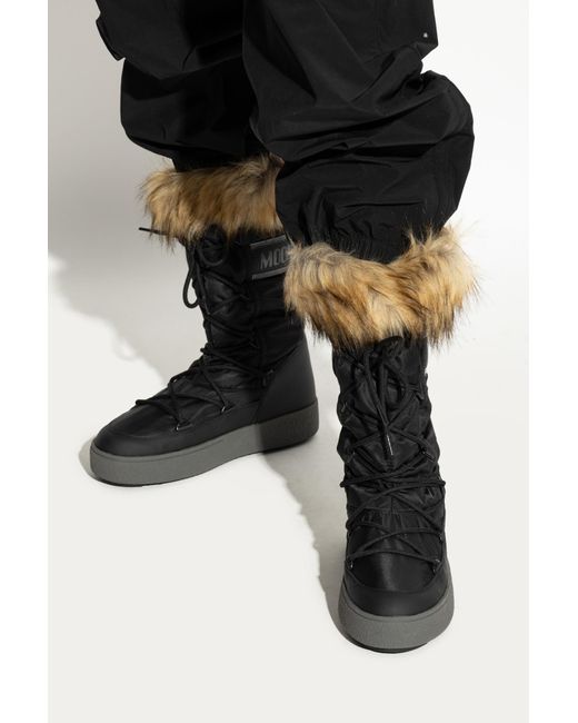 Moon Boot Lace-Up Fur-Trimmed Snow Boots in Black | Lyst