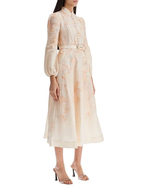 Zimmermann Floral Linen Midi Dress With Ruffled Sleeves in Natural | Lyst