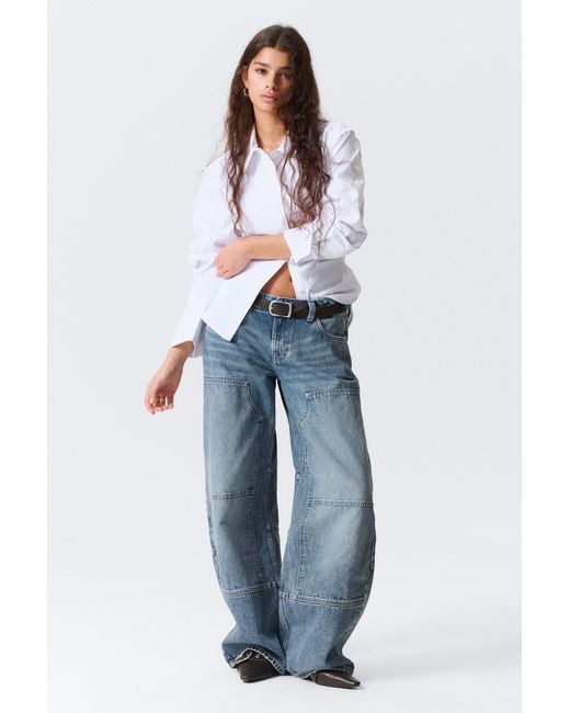 Monki Low Rise Loose Barrel Leg Workwear Jeans in Blue | Lyst UK