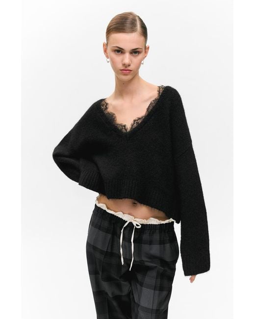 Monki Lace-Trimmed V-Neck Sweater in Black | Lyst UK