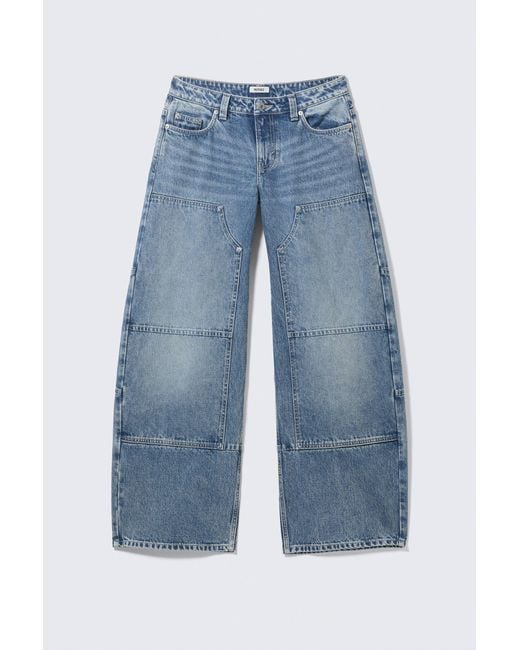 Monki Low Rise Loose Barrel Leg Workwear Jeans in Blue | Lyst UK