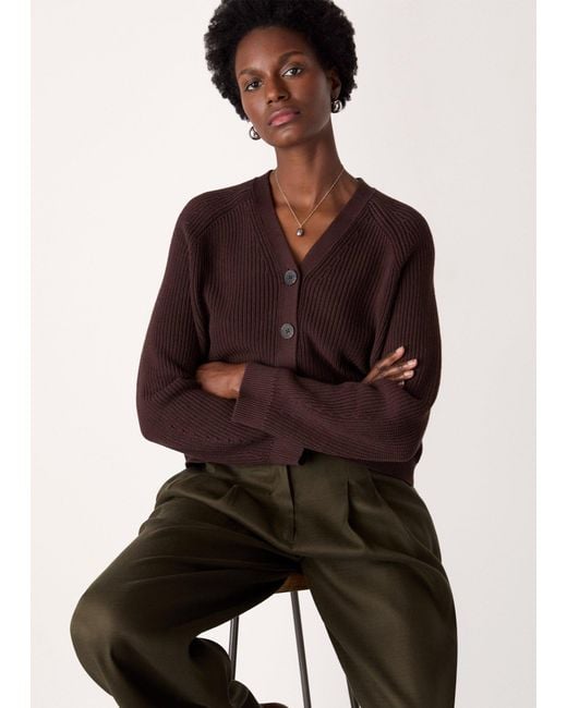 Whistles V Neck Cotton Cardigan in Brown | Lyst UK
