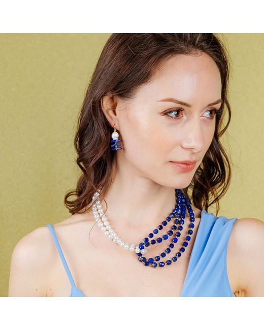 Farra Lapis With Freshwater Pearls Multi Layers Necklace in Blue | Lyst UK
