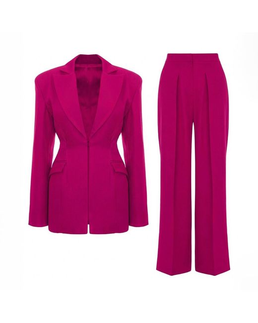BLUZAT Rose Fuchsia Suit With Balloon Blazer And Wide Leg Trousers in ...