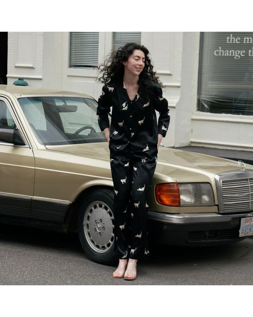 NOT JUST PAJAMA Cats Edition Silk Pajamas Long Set in Blue | Lyst