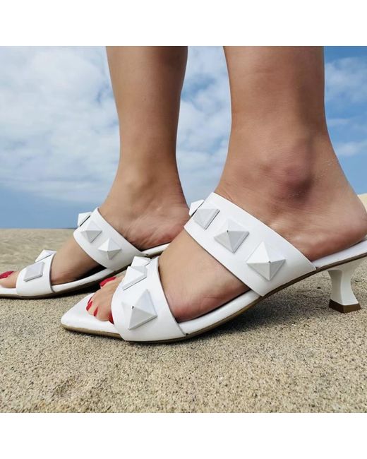 Allegra James Pyramid-Studded Open-Toe Leather Mules in White | Lyst