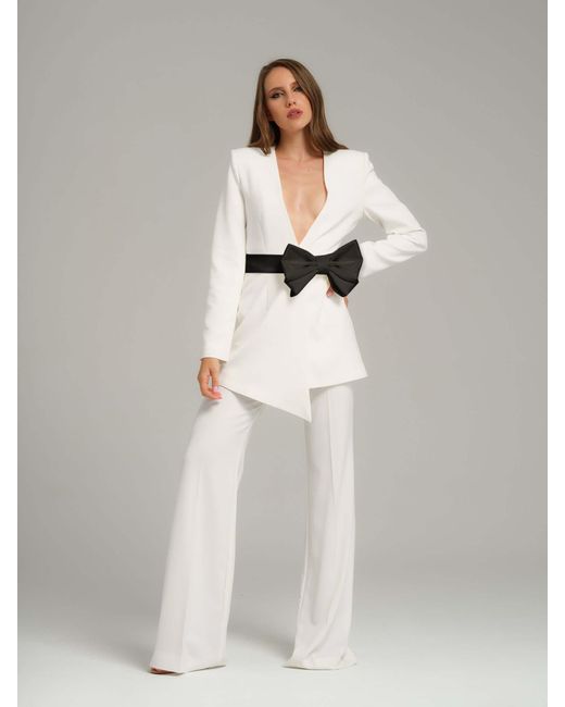 Tia Dorraine Rare Pearl Blazer With Detachable Bow Belt In White Lyst