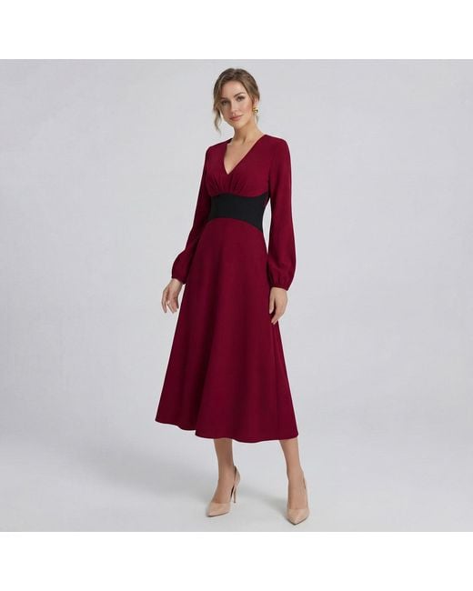 BLUZAT Burgundy Midi Dress With Defined Waist in Red | Lyst UK
