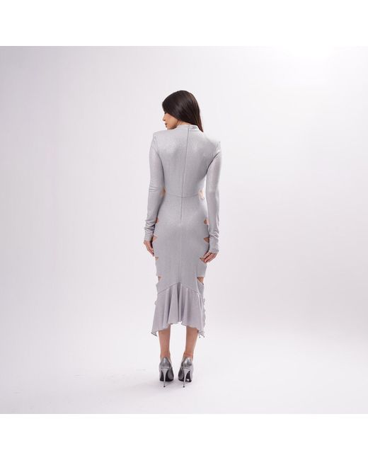 BLUZAT Metallic Midi Dress With Cut-Outs And Asymmetric Ruffle Hem in ...
