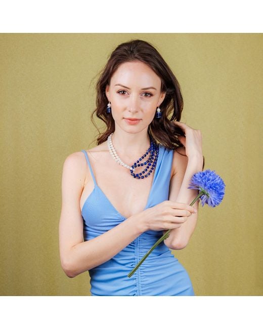 Farra Lapis With Freshwater Pearls Multi Layers Necklace in Blue | Lyst UK