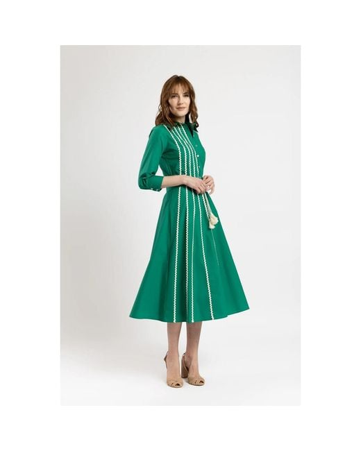 IZABELA MANDOIU Emerald Midi Shirt Dress With Ric Rac Trim & Tassel ...