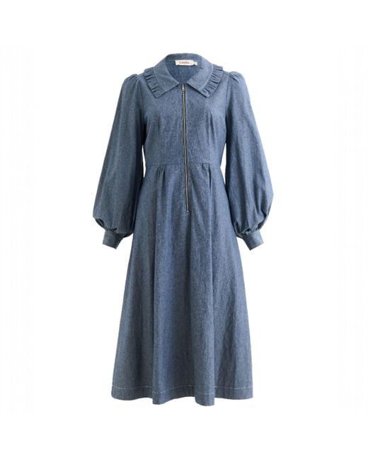 Louche Zoya Chambray Zip Front, Frill Collar Midi Dress in Blue | Lyst UK
