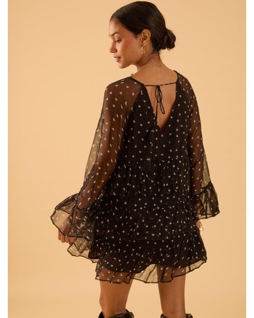 Rose & Nancy Evie Heart Heart Print Tiered Mini Dress in Black | Lyst UK