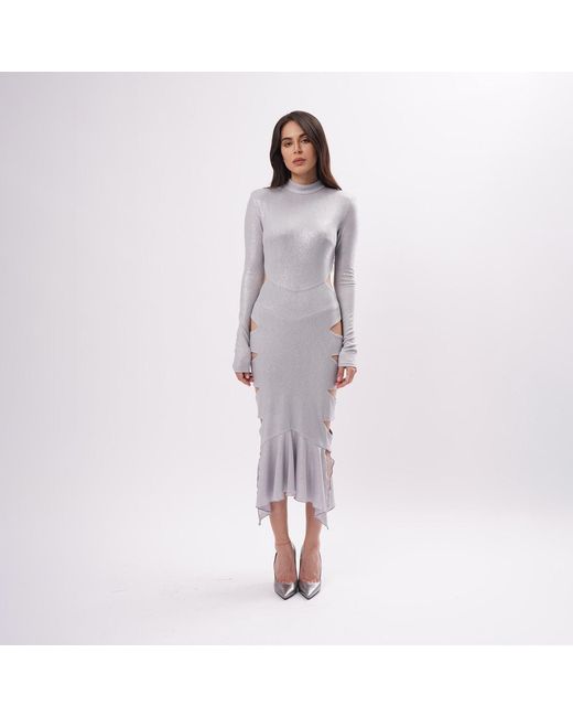 BLUZAT Metallic Midi Dress With Cut-Outs And Asymmetric Ruffle Hem in ...