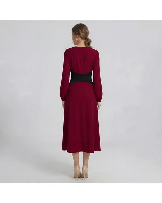 BLUZAT Burgundy Midi Dress With Defined Waist in Red | Lyst UK
