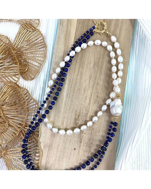 Farra Round Lapis With Freshwater Pearls Multi-Ways Long Necklace in ...