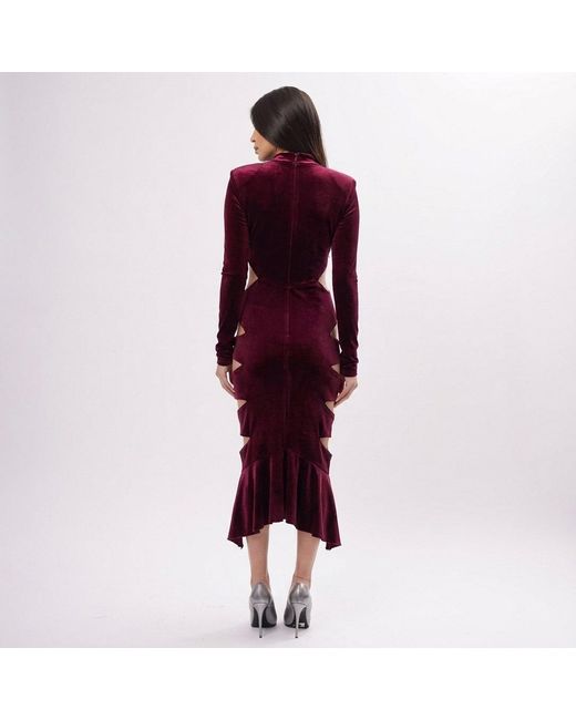 BLUZAT Burgundy Velvet Midi Dress With Cut-Outs And Asymmetric Ruffle ...
