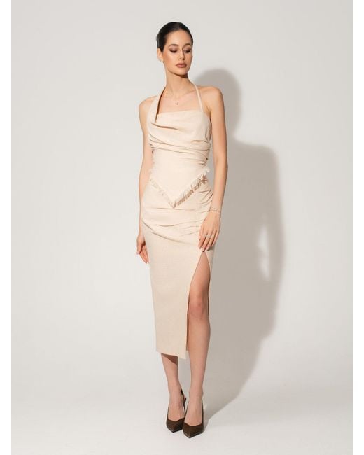 Tia Dorraine Neutrals Open Back Draped Top & Midi Skirt Linen Set in ...