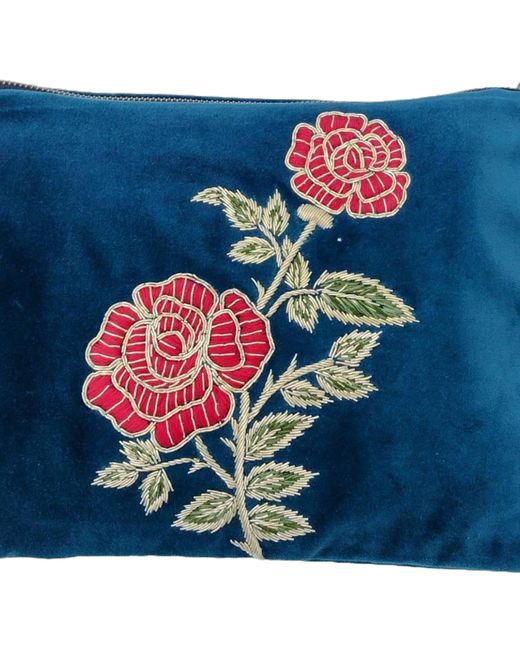 Ty Hedge Hand-Embroidered Rose Velvet Pouch in Blue | Lyst