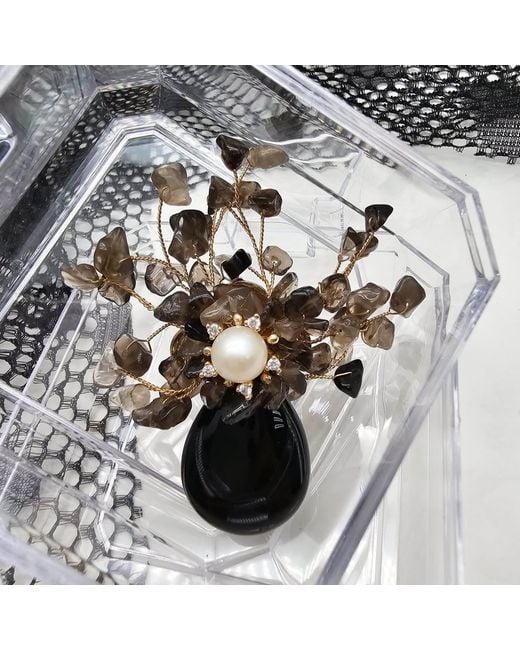 Farra Elegant Rutilated Quartz Floral Brooch in Black | Lyst