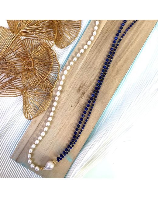Farra Round Lapis With Freshwater Pearls Multi-Ways Long Necklace in ...