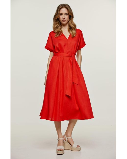 Conquista Belted Viscose Linen Dress in Red | Lyst