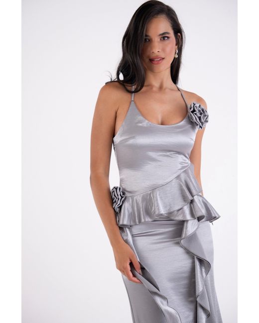 Amy Lynn Susie Satin Ruffle Flower Detail Top in Grey | Lyst UK