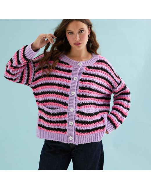 Cara & The Sky Bernice Stripe Cross Stitch Cardigan in Purple | Lyst UK