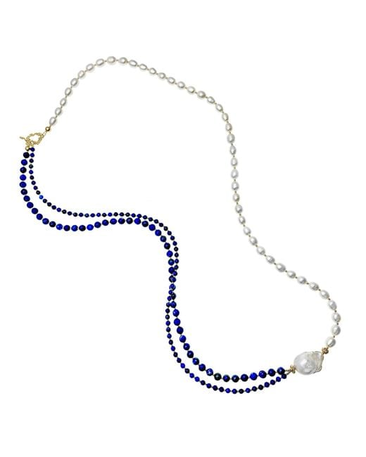Farra Round Lapis With Freshwater Pearls Multi-Ways Long Necklace in ...