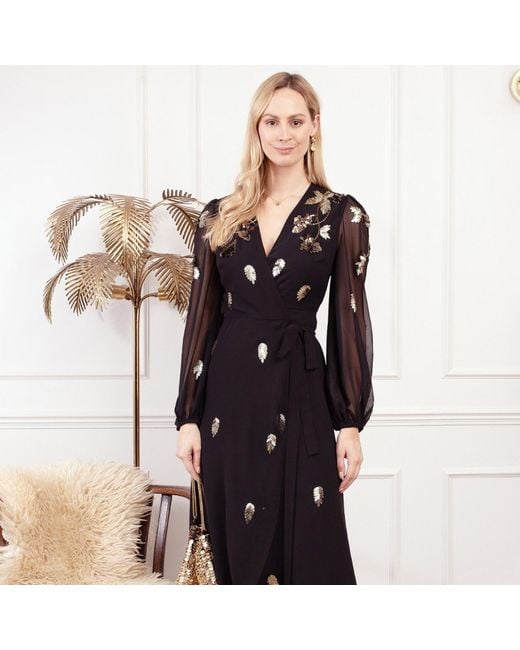 Hope & Ivy Embellished Blouson Wrap Dress in Black | Lyst